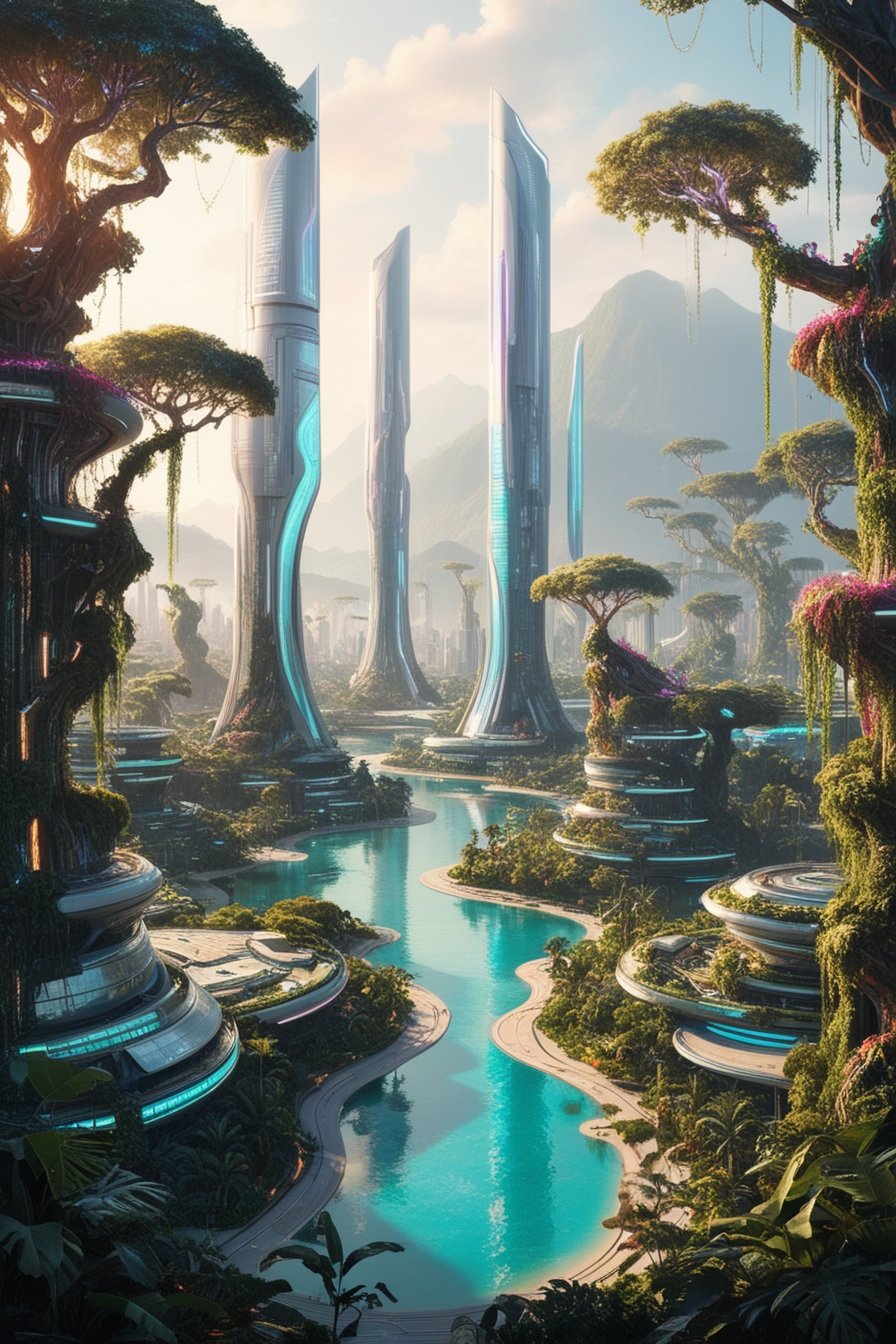 futuristic metropolis set amidst a lush - Future Imaginations