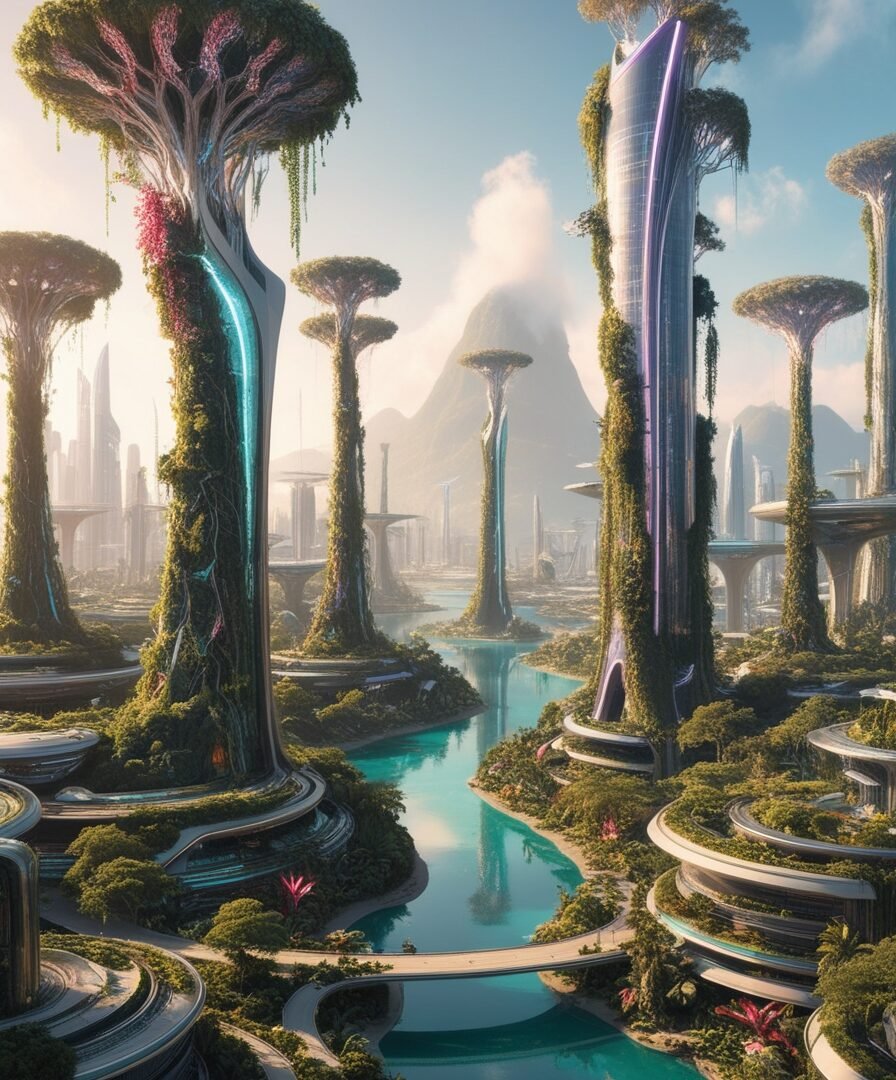 futuristic metropolis set amidst a lush - Future Imaginations