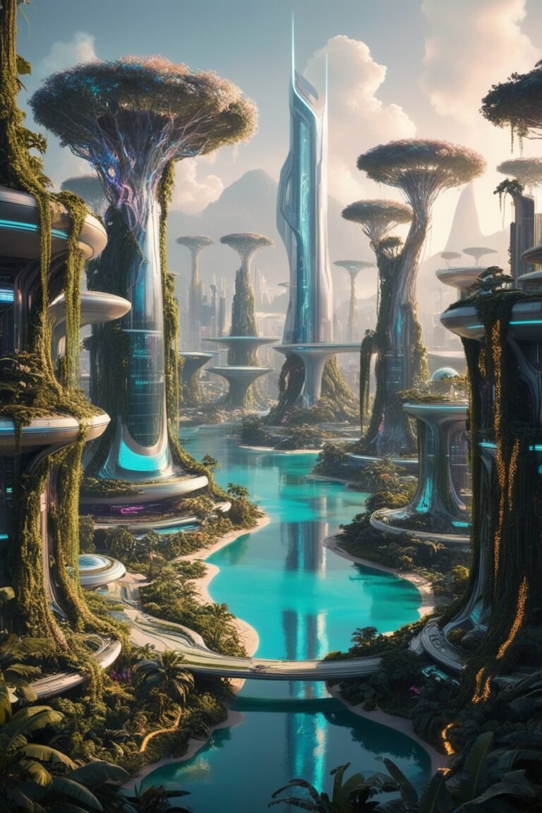 futuristic metropolis set amidst a lush - Future Imaginations