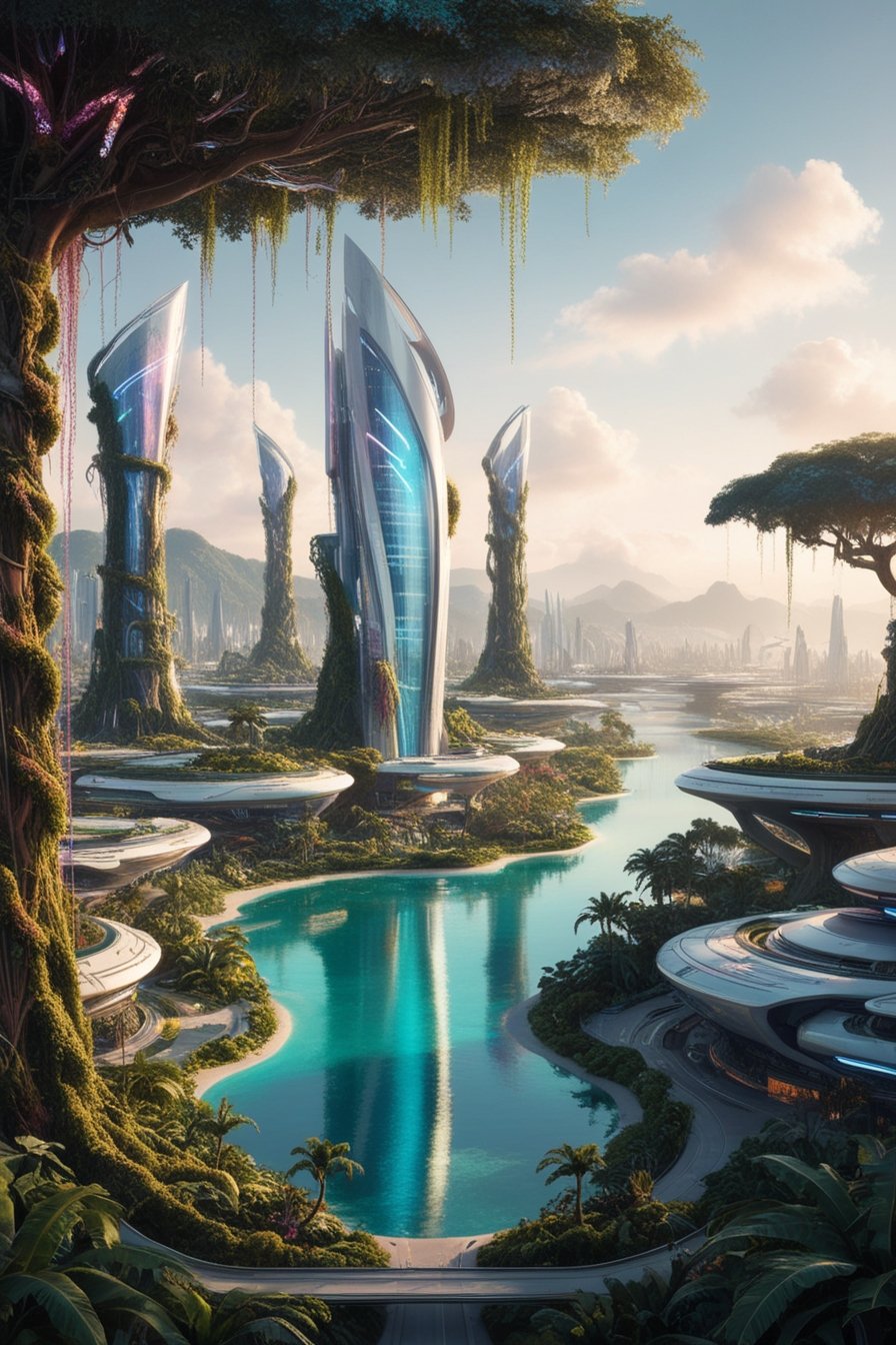 futuristic metropolis set amidst a lush - Future Imaginations