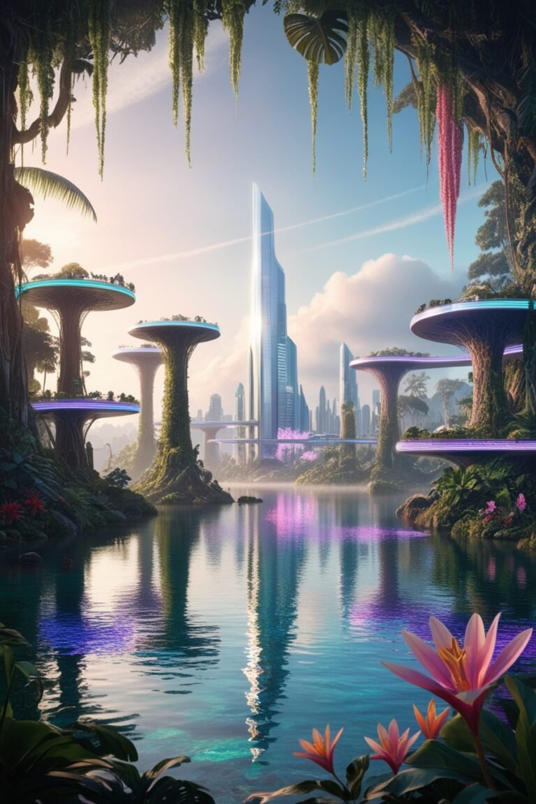 futuristic metropolis set amidst a lush - Future Imaginations