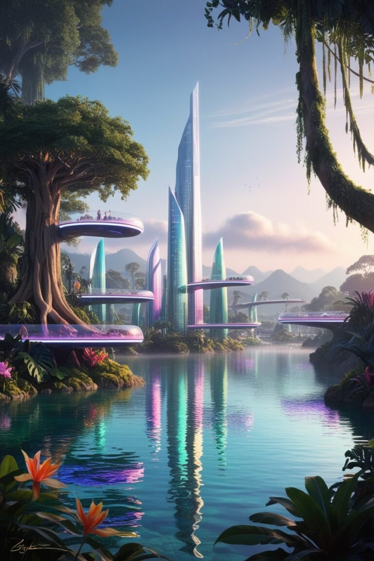 futuristic metropolis set amidst a lush - Future Imaginations