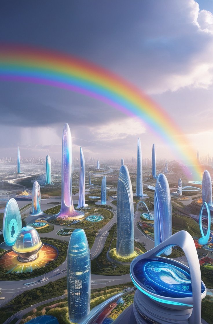 Envisioning a Rainbow in a Futuristic City on a Luminous Beach