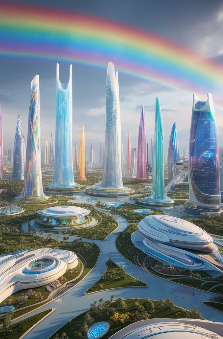 Envisioning a Rainbow in a Futuristic City on a Luminous Beach