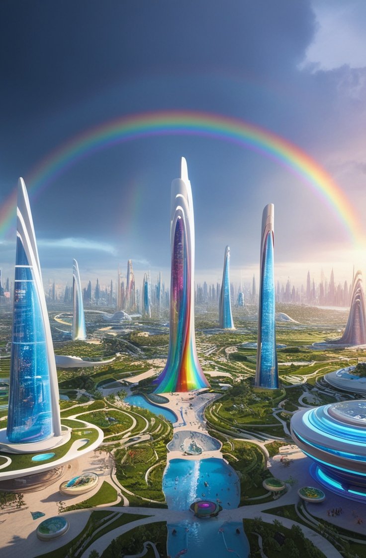 Envisioning a Rainbow in a Futuristic City on a Luminous Beach